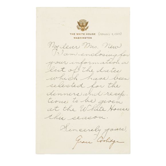 Bonhams : A GRACE COOLIDGE LETTER REGARDING WHITE HOUSE RECEPTIONS ...