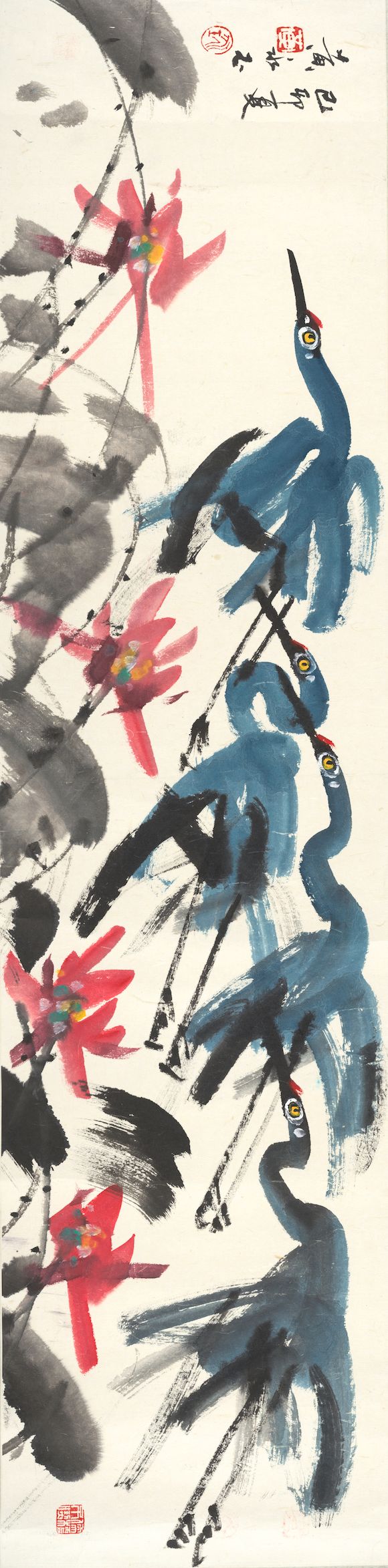 Bonhams : HUANG YONGYU (1924-2023) Cranes over a Lotus Pond, 1999