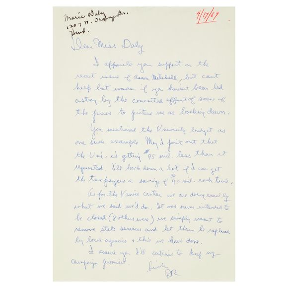 Bonhams : A RONALD REAGAN LETTER MENTIONING HIS BATTLE WITH THE ...