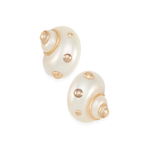 Bonhams : MAZ: A PAIR OF 14K GOLD AND MOTHER-OF-PEARL SHELL EARRINGS