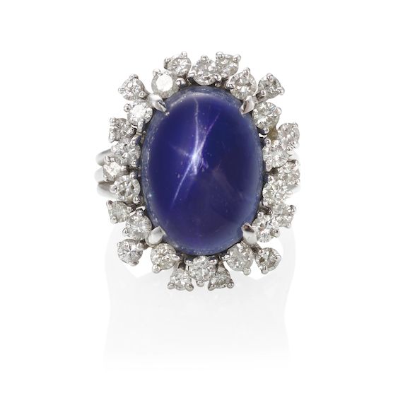 Bonhams : A 14K WHITE GOLD, STAR SAPPHIRE AND DIAMOND RING