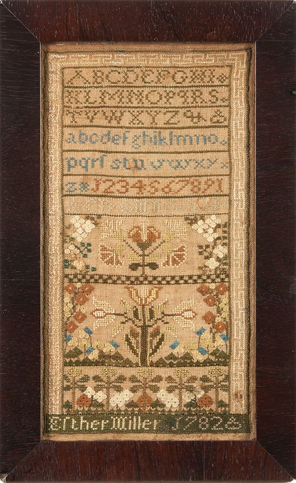 Bonhams Skinner : Silk on Linen Sampler, Esther Miller, Pennsylvania, 1782.