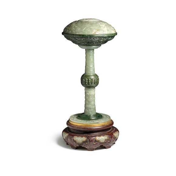 Bonhams : A CELADON AND SPINACH-GREEN JADE HAT STAND 20th century