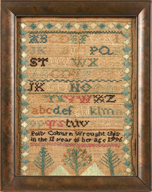 Bonhams Skinner : Framed Silk and Linen Needlepoint Sampler, signed ...