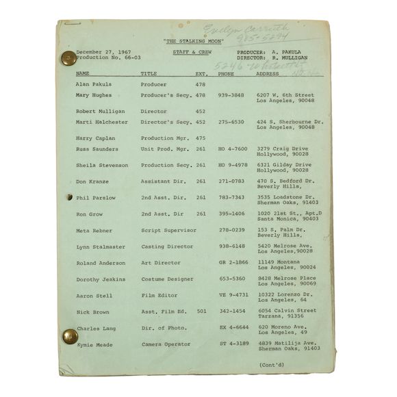 Bonhams : A META REBNER WORKING SCRIPT OF THE STALKING MOON. SARGENT ...