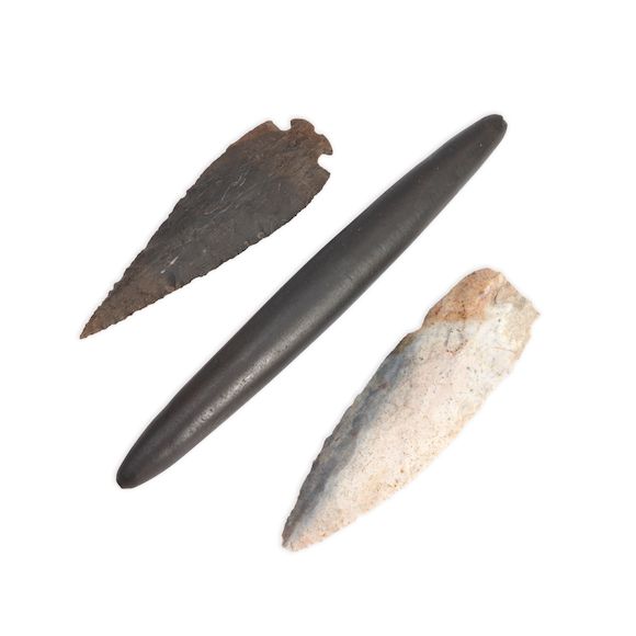 Bonhams Skinner : Two prehistoric stone points and banner stone lg. 5 1 ...