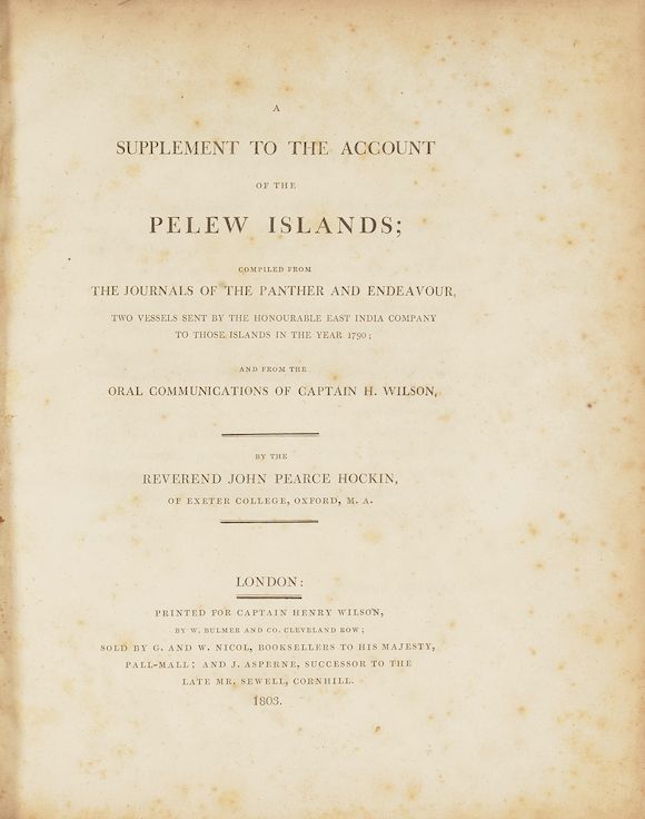 Bonhams : SUPPLEMENT TO KEATE'S ACCOUNT OF THE PELEW ISLANDS. HOCKIN ...