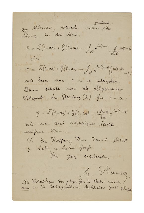 Bonhams : PLANCK SOLVES A COMPLEX PROBLEM FOR HIS FORMER STUDENT ...