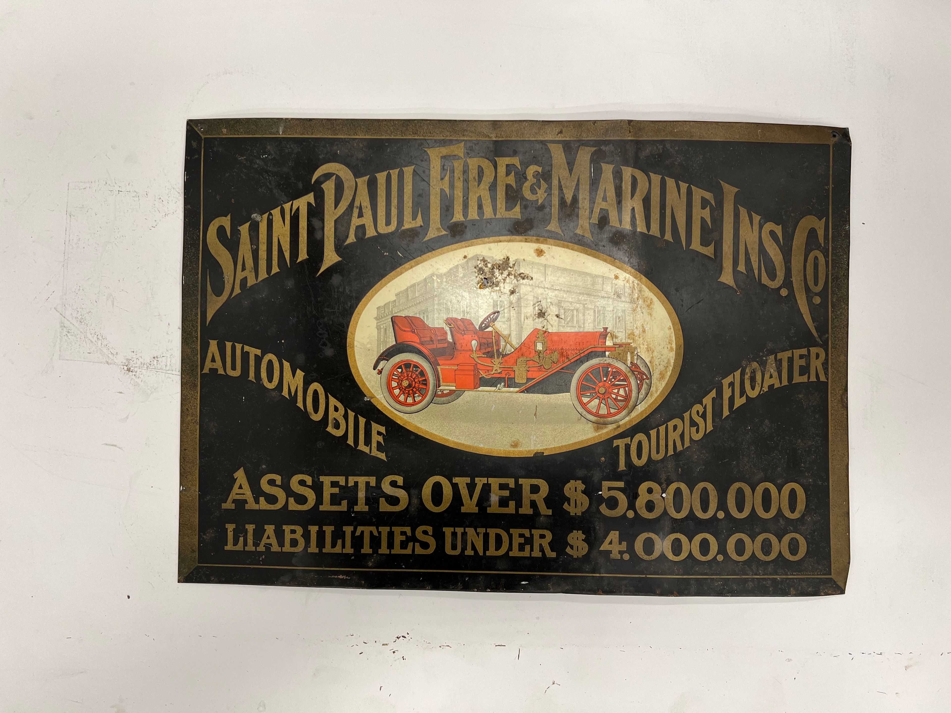 Bonhams Cars : A Saint Paul Fire & Marine Ins. Co. Tin Lithograph Sign ...