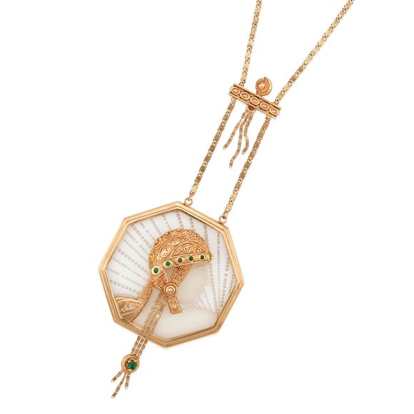 Bonhams : ERTE: A 14K GOLD, CRYSTAL AND EMERALD PENDANT NECKLACE