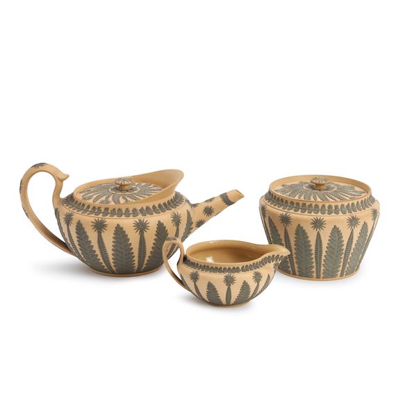 Bonhams Skinner : Three Piece Wedgwood Caneware with Drab Relief Tea ...