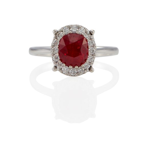 Bonhams : 14K GOLD, DIAMOND AND RUBY RING WITH AGL BRIEF REPORT