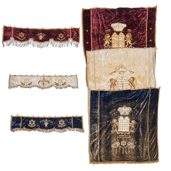 Bonhams Skinner : GROUP OF THREE VELVET TORAH ARK CURTAINS AND VALANCES