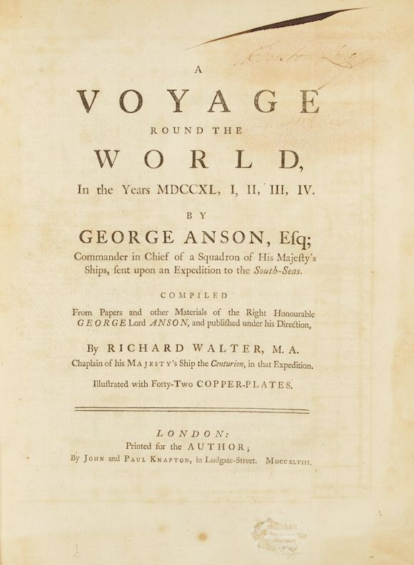 Bonhams : ANSON, GEORGE, BARON. 1697-1762. A Voyage Round the World, in ...