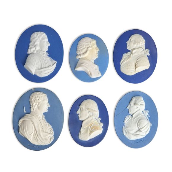 Bonhams Skinner : Six Wedgwood Blue Jasper Portrait Plaques, England ...