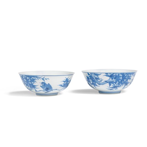 Bonhams : A PAIR OF BLUE AND WHITE 'BIRD ON BRANCH' BOWLS Jiangxi Ciye ...