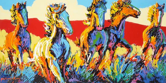 Bonhams : Larry Pirnie (born 1940) Horse Herd 24 x 48 in. framed 34 x ...