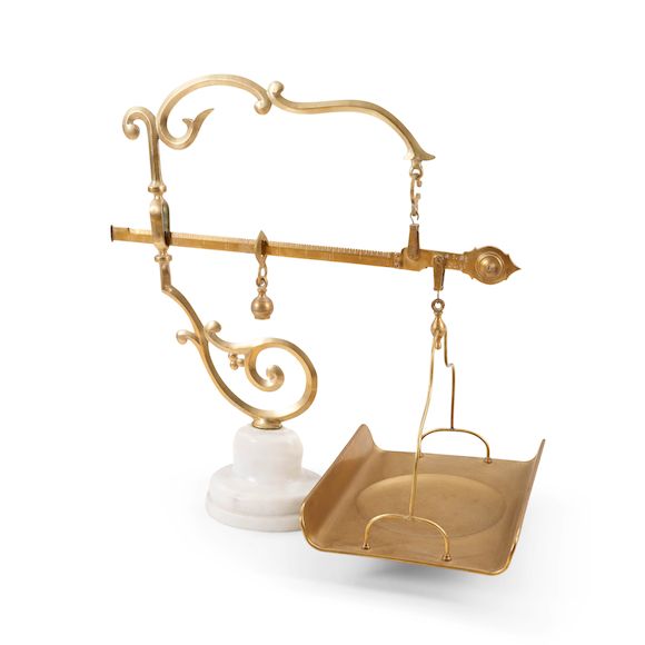 Bonhams Skinner : LARGE BRASS AND MARBLE BALANCE SCALE