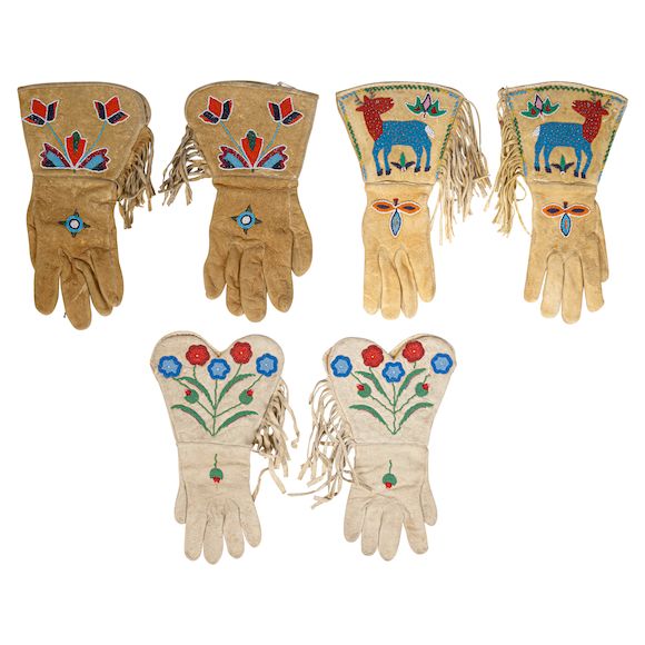 Bonhams : Three pairs of Plateau pictorial beaded gauntlets