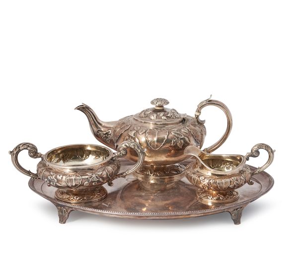 Bonhams Skinner : A THREE-PIECE WILLIAM IV STERLING SILVER TEA SET WITH ...