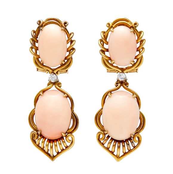 Bonhams Skinner : A PAIR OF 18K GOLD, ANGEL SKIN CORAL, AND DIAMOND ...