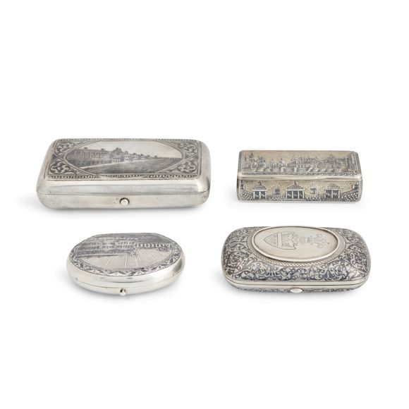 Bonhams Skinner : Four Russian Niello .875 Silver Cases,