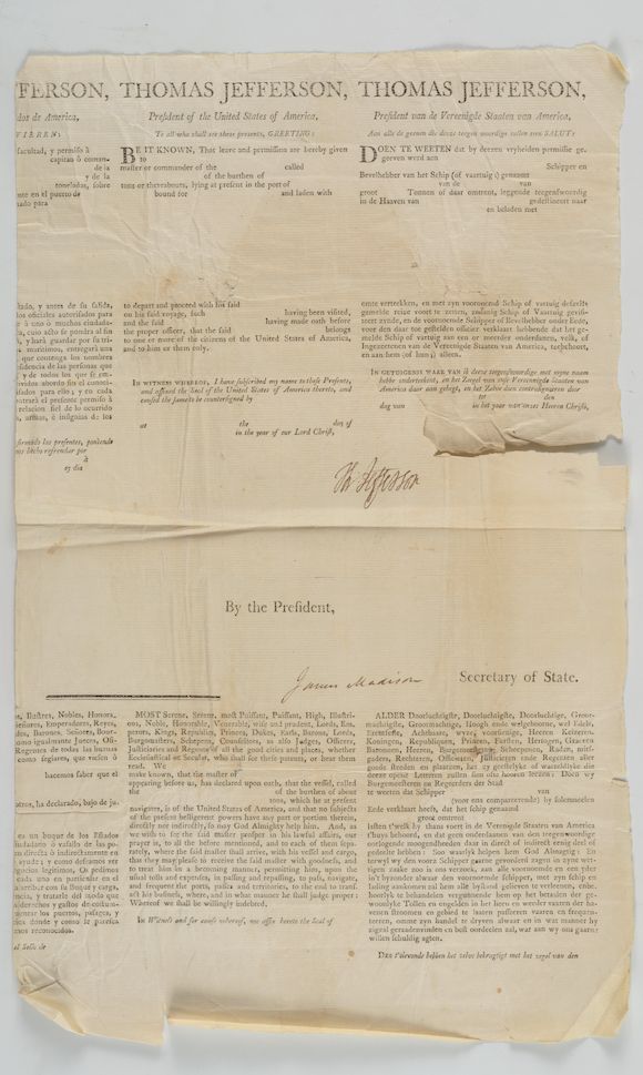 Bonhams Skinner : SIGNED BY JEFFERSON AND MADISON. JEFFERSON, THOMAS ...