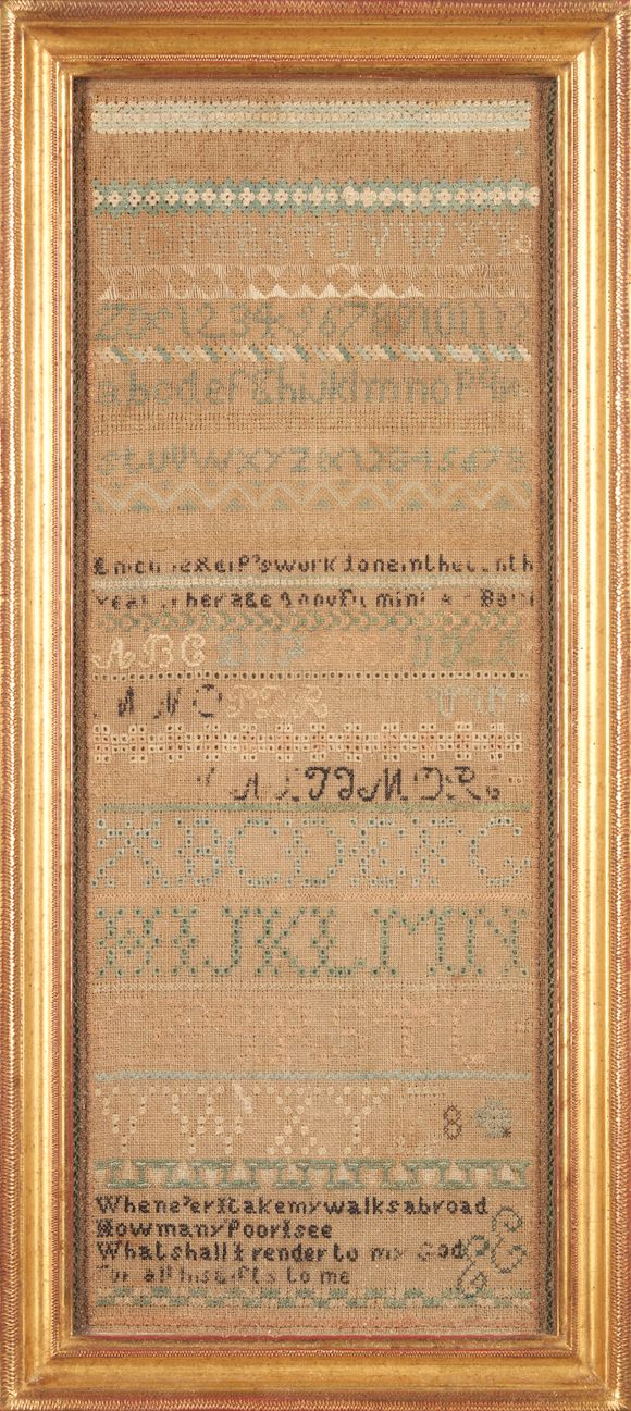 Bonhams Skinner : Framed Needlepoint Band Sampler signed Emeline Reip ...