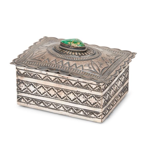 Bonhams Skinner : A Sunshine Reeves silver and turquoise lidded box ...