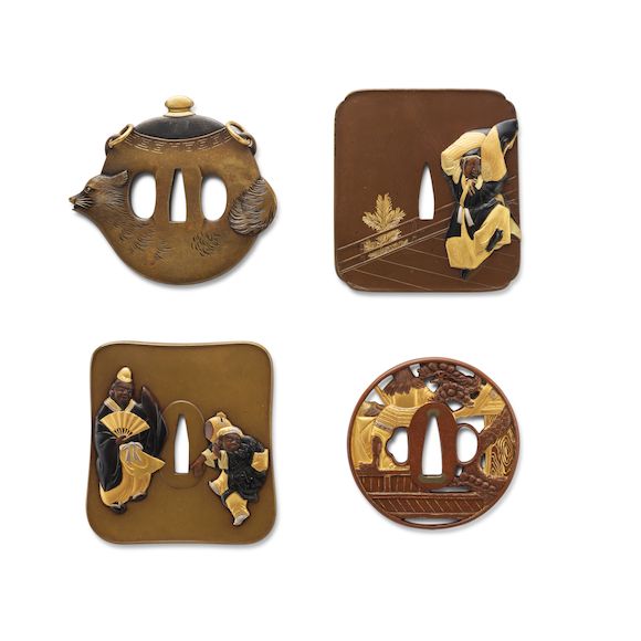 Bonhams : THREE INLAID-BRASS TSUBA (HAND GUARDS) AND AN INLAID-COPPER ...