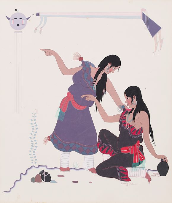 Bonhams : A Gerald Nailor, Sr. painting, "The Turquoise Woman and the White Shell Woman on Their ...