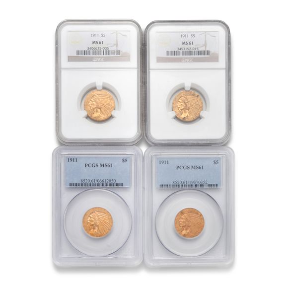 Bonhams Skinner : FOUR UNITED STATES 1911 INDIAN HEAD $5 HALF EAGLE ...