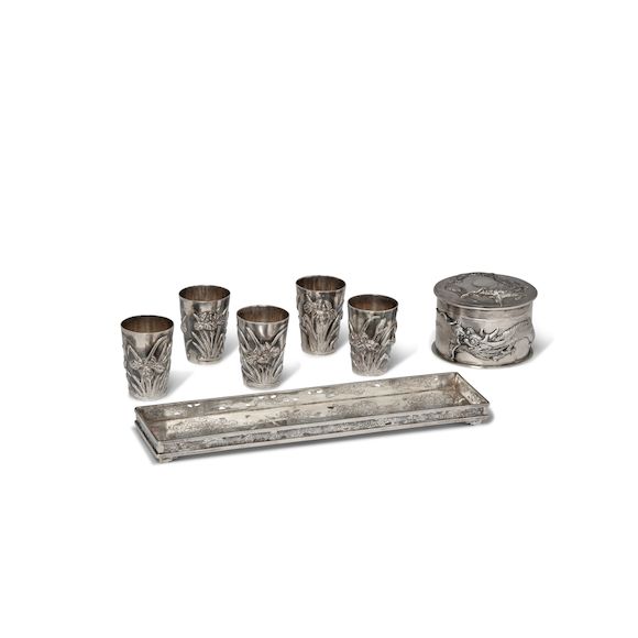 Bonhams : A CHINESE EXPORT SILVER RECTANGULAR TRAY; FIVE SMALL SILVER ...