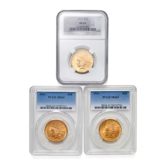 Bonhams Skinner : THREE UNITED STATES 1911 INDIAN HEAD $10 EAGLE GOLD ...