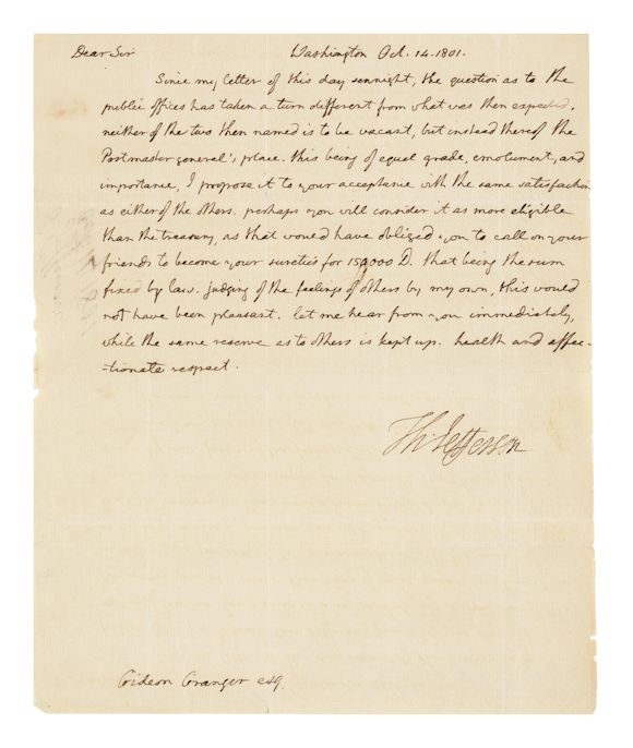 Bonhams : JEFFERSON OFFERS GIDEON GRANGER THE POSITION OF POSTMASTER ...