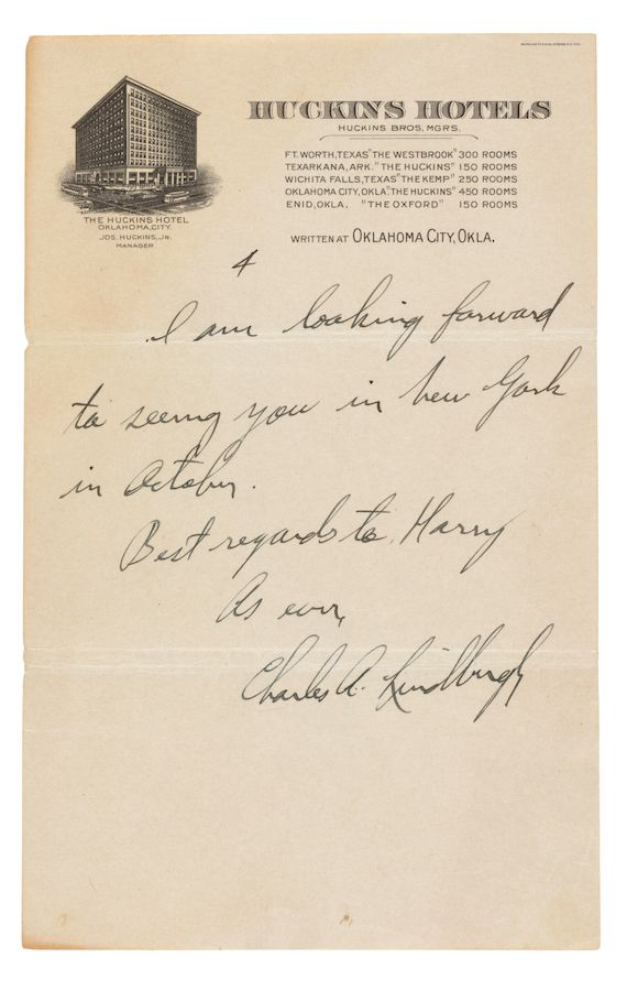 Bonhams : RARE LINDBERGH LETTER FROM HIS TRIUMPHANT TOUR AFTER HIS ...