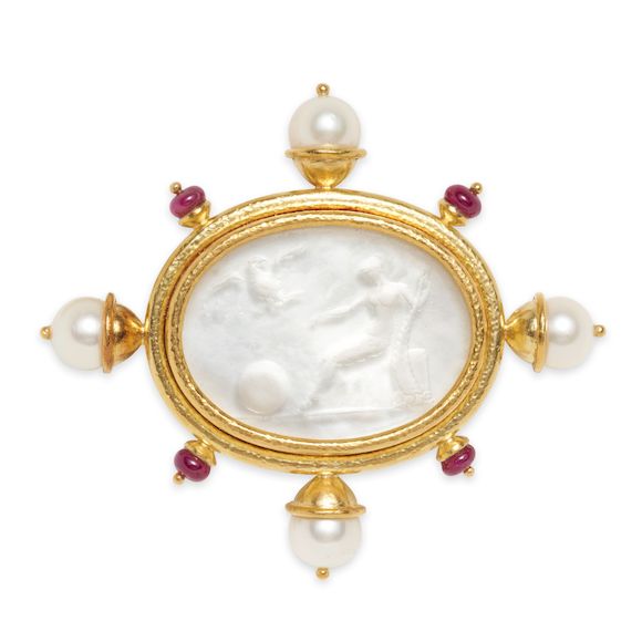 Bonhams Skinner : ELIZABETH LOCKE: AN 18K GOLD, CRYSTAL VENETIAN GLASS INTAGLIO, RUBY, AND PEARL ...