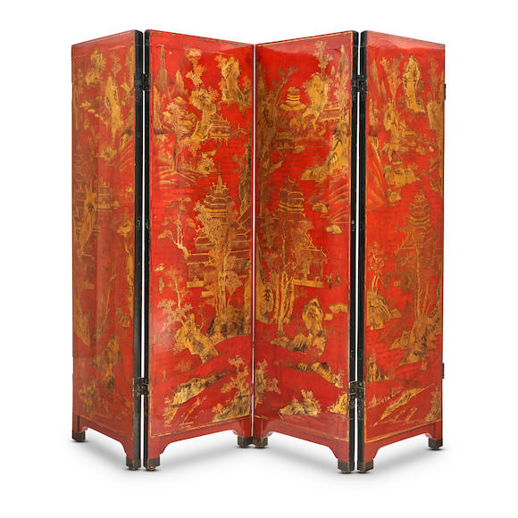 Bonhams Skinner Red Lacquered And Gilt Decorated Four Panel Folding