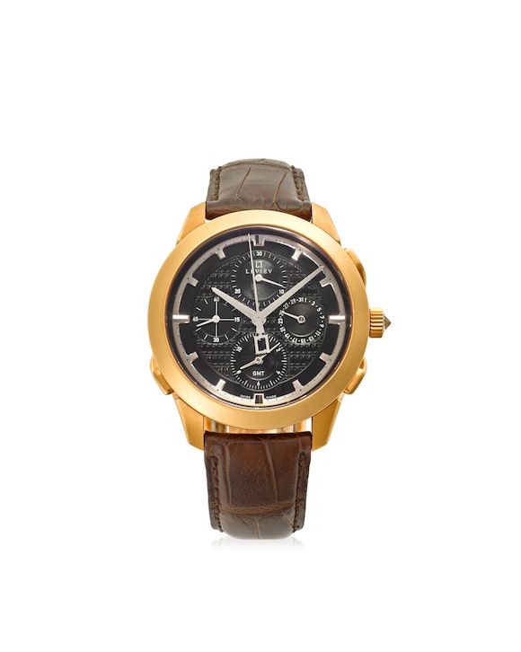 Bonhams : LEVIEV. AN 18K GOLD AUTOMATIC DUAL-TIME CHRONOGRAPH CALENDAR ...