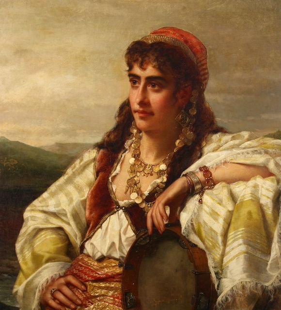 Bonhams : Jan Portielje (Dutch, 1829-1908) A portrait of a woman with a tambourine 28 x 26in (71 ...