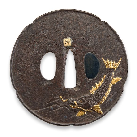 Bonhams Skinner : AN IRON SHOAMI SCHOOL TSUBA WITH DRAGON FISH Edo ...