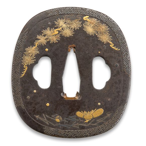 Bonhams Skinner : AN IRON EDO HIGO TSUBA WITH A PINE AND FALLEN NEEDLES ...
