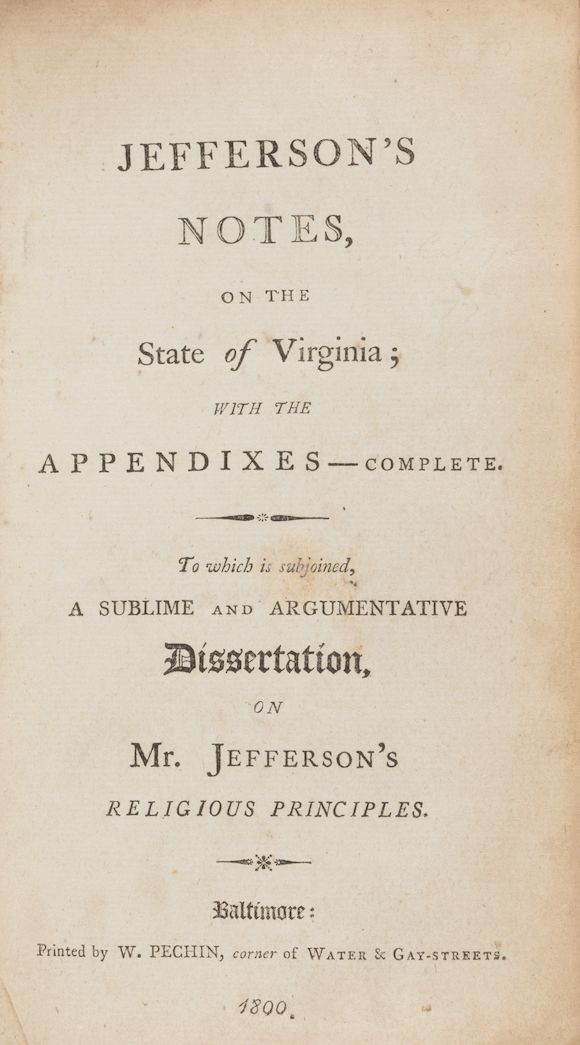 Bonhams : JEFFERSON'S ONLY BOOK, PUBLISHED THE YEAR OF HIS ELECTION ...