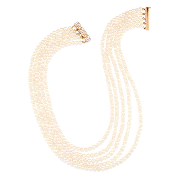 Bonhams : 14K BI-COLOR, PEARL AND DIAMOND FIVE STRAND BEADED NECKLACE