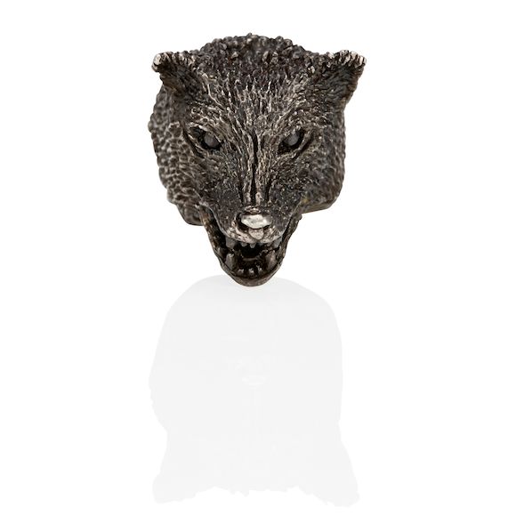 Bonhams : HUCKLEBERRY LTD: STERLING SILVER AND BLACK DIAMOND 'WOLF' RING