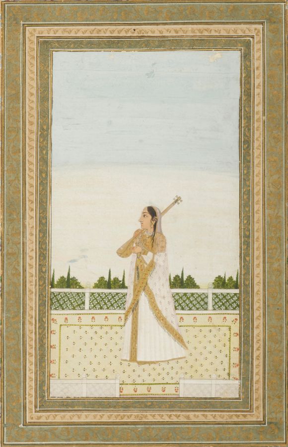 Bonhams : A NOBLE WOMAN ON A TERRACE HOLDING A MUSICAL INSTRUMENT India ...
