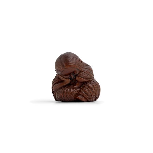 Bonhams : IKKAN (1817-1893) A Wood Netsuke of a Shōjō (Drunken Sprite ...
