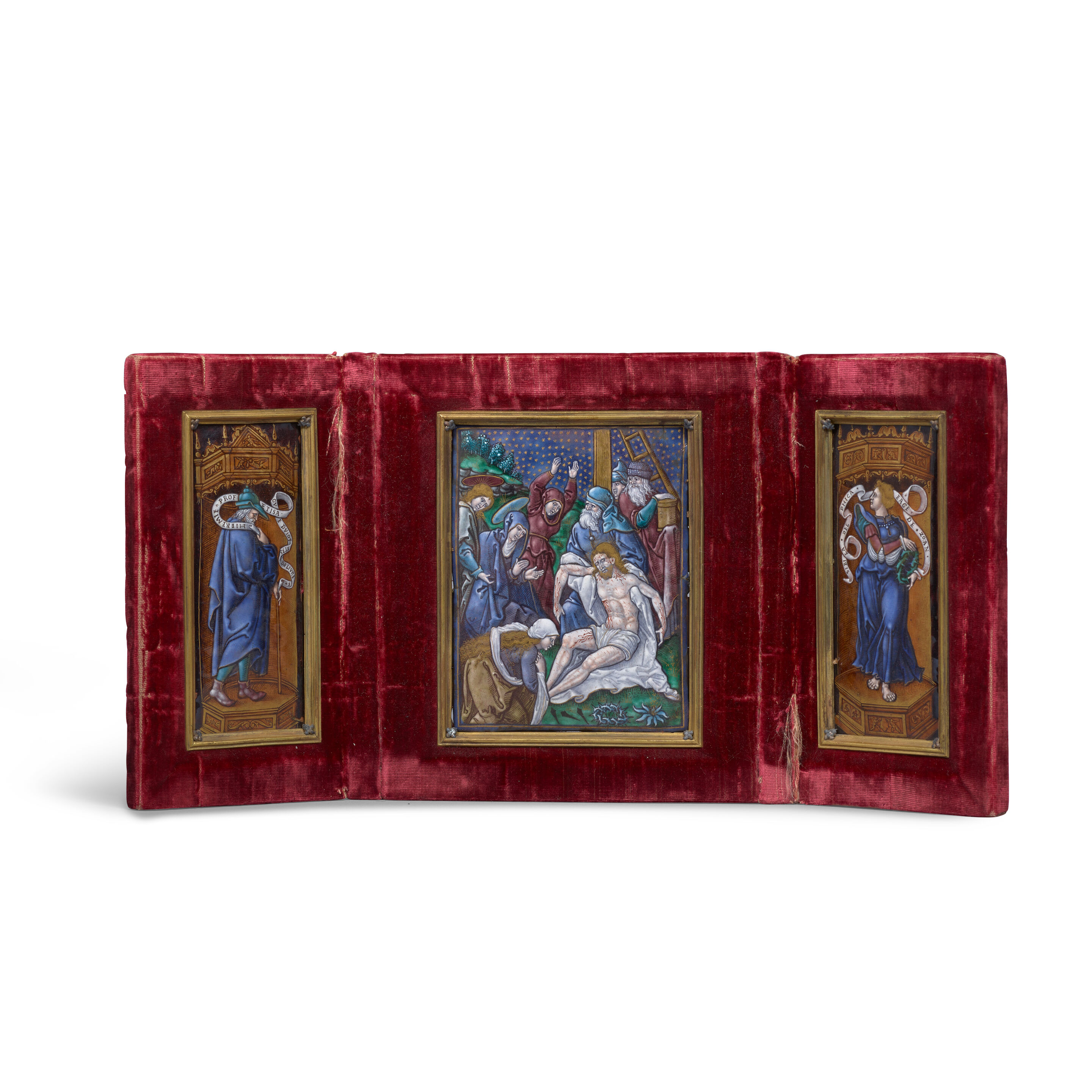 Bonhams : A LIMOGES POLYCHROME ENAMEL AND PARCEL-GILT TRIPTYCH DEPICTING THE DEPLORATION OF ...