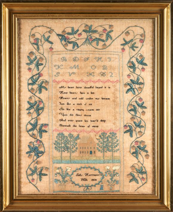 Bonhams Skinner : Extraordinary Silk on Linen Needlepoint Sampler Sally ...