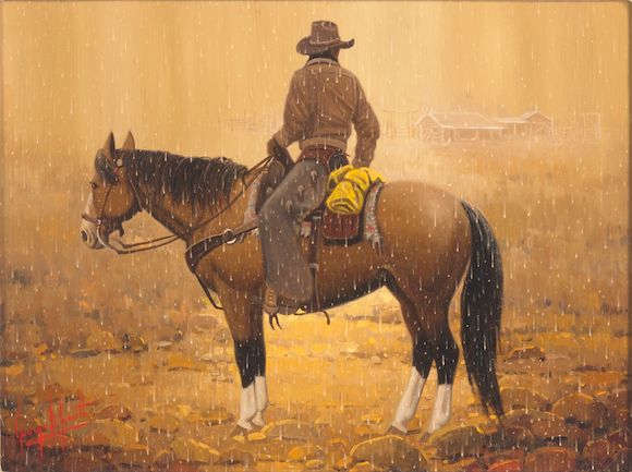 Bonhams : George Dee Smith (born 1944) Rainy Day Cowboy 9 x 12 in ...